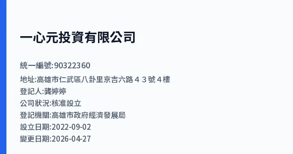 一心元投資有限公司的照片-統編 90322360(高雄市) 公司登記資料與營業項目詳細圖表