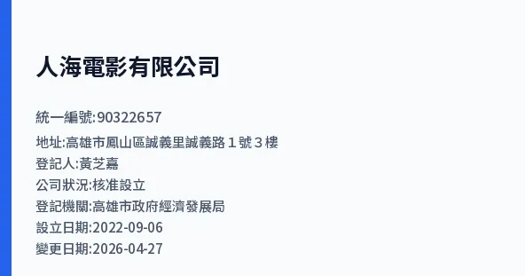 人海電影有限公司的照片-統編 90322657(高雄市) 公司登記資料與營業項目詳細圖表