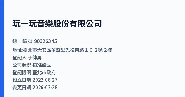 玩一玩音樂股份有限公司的照片-統編 90326345(臺北市) 公司登記資料與營業項目詳細圖表