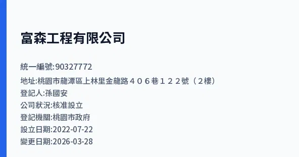 富森工程有限公司的照片-統編 90327772(桃園市) 公司登記資料與營業項目詳細圖表