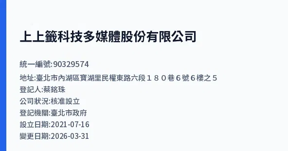上上籤科技多媒體股份有限公司的照片-統編 90329574(臺北市) 公司登記資料與營業項目詳細圖表
