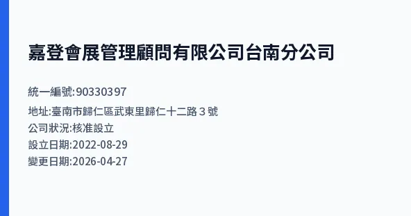 嘉登會展管理顧問有限公司台南分公司的照片-統編 90330397(臺南市) 公司登記資料與營業項目詳細圖表