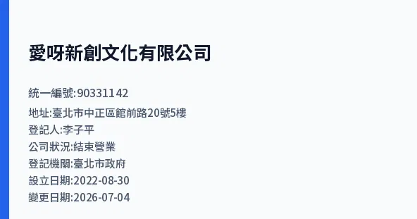 愛呀新創文化有限公司的照片-統編 90331142(臺北市) 公司登記資料與營業項目詳細圖表