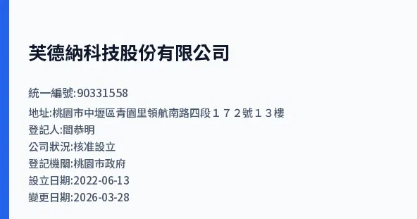 芙德納科技股份有限公司的照片-統編 90331558(桃園市) 公司登記資料與營業項目詳細圖表