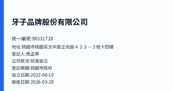 牙子品牌股份有限公司的照片-統編 90331728(桃園市) 公司登記資料與營業項目詳細圖表