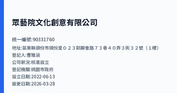 眾藝院文化創意有限公司的照片-統編 90331760(苗栗縣) 公司登記資料與營業項目詳細圖表