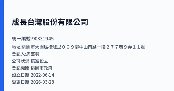 成長台灣股份有限公司的照片-統編 90331945(桃園市) 公司登記資料與營業項目詳細圖表