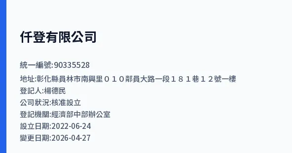 仟登有限公司的照片-統編 90335528(彰化縣) 公司登記資料與營業項目詳細圖表