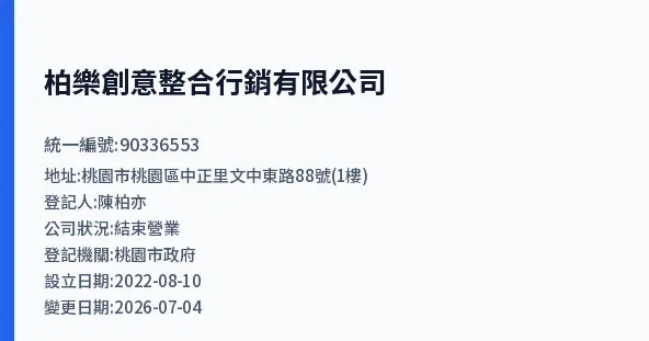 柏樂創意整合行銷有限公司的照片-統編 90336553(桃園市) 公司登記資料與營業項目詳細圖表