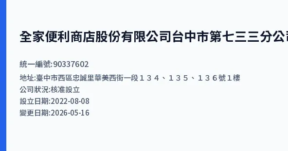 全家便利商店股份有限公司台中市第七三三分公司的照片-統編 90337602(臺中市) 公司登記資料與營業項目詳細圖表