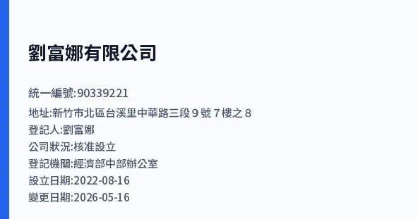 劉富娜有限公司的照片-統編 90339221(新竹市) 公司登記資料與營業項目詳細圖表