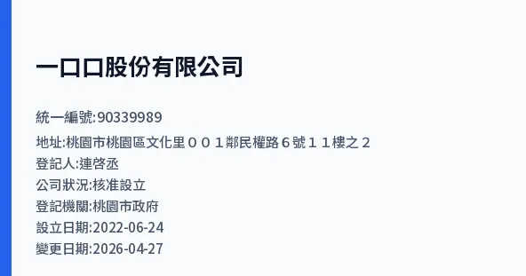一口口股份有限公司的照片-統編 90339989(桃園市) 公司登記資料與營業項目詳細圖表