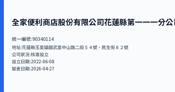 全家便利商店股份有限公司花蓮縣第一一一分公司的照片-統編 90340114(花蓮縣) 公司登記資料與營業項目詳細圖表