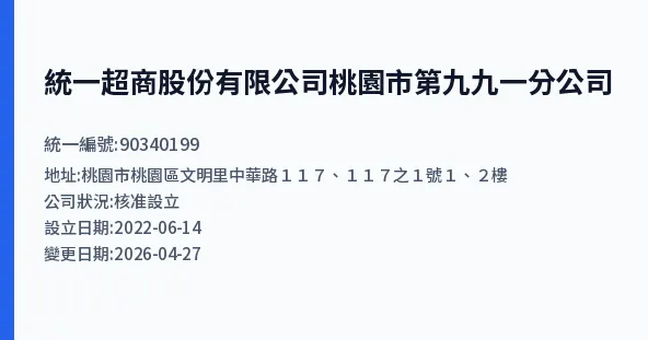 統一超商股份有限公司桃園市第九九一分公司的照片-統編 90340199(桃園市) 公司登記資料與營業項目詳細圖表