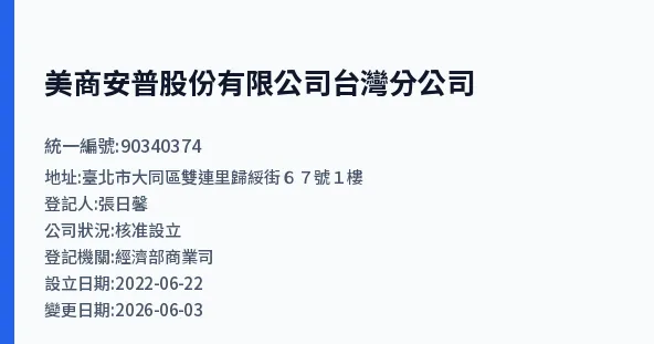 美商安普股份有限公司台灣分公司的照片-統編 90340374(臺北市) 公司登記資料與營業項目詳細圖表