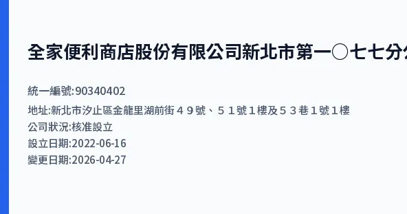 全家便利商店股份有限公司新北市第一○七七分公司的照片-統編 90340402(新北市) 公司登記資料與營業項目詳細圖表