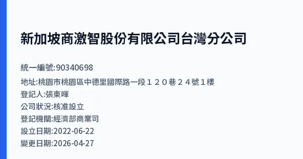 新加坡商激智股份有限公司台灣分公司的照片-統編 90340698(桃園市) 公司登記資料與營業項目詳細圖表