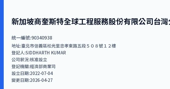 新加坡商奎斯特全球工程服務股份有限公司台灣分公司的照片-統編 90340938(臺北市) 公司登記資料與營業項目詳細圖表