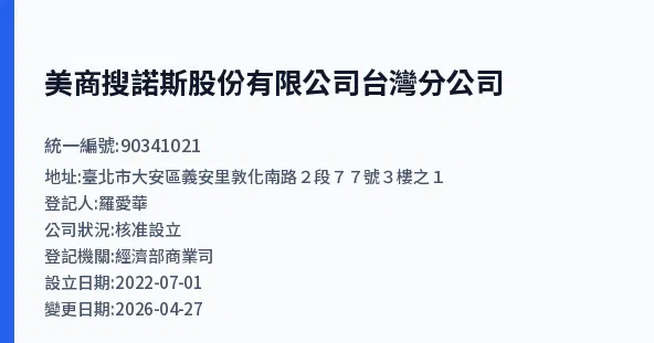 美商搜諾斯股份有限公司台灣分公司的照片-統編 90341021(臺北市) 公司登記資料與營業項目詳細圖表