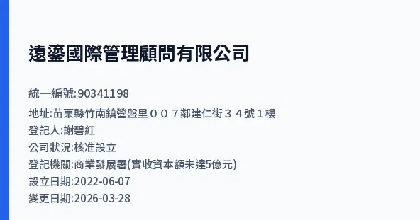 遠鎏國際管理顧問有限公司的照片-統編 90341198(苗栗縣) 公司登記資料與營業項目詳細圖表