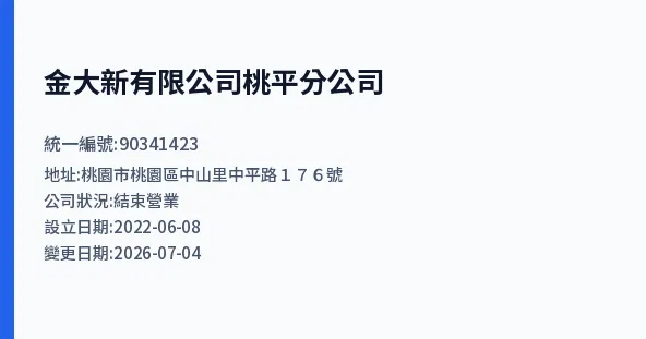 金大新有限公司桃平分公司的照片-統編 90341423(桃園市) 公司登記資料與營業項目詳細圖表