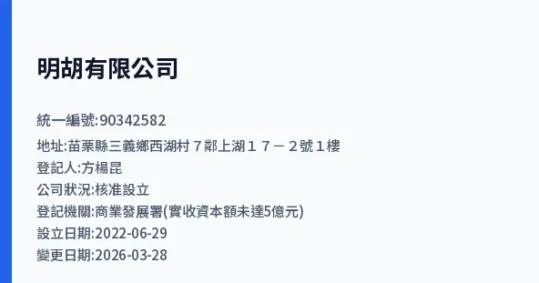 明胡有限公司的照片-統編 90342582(苗栗縣) 公司登記資料與營業項目詳細圖表