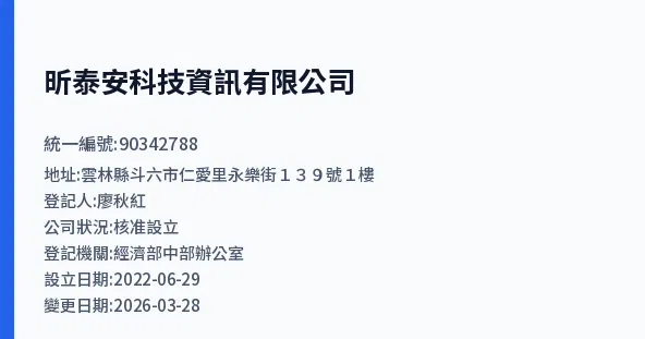 昕泰安科技資訊有限公司的照片-統編 90342788(雲林縣) 公司登記資料與營業項目詳細圖表