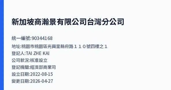 新加坡商瀚景有限公司台灣分公司的照片-統編 90344168(桃園市) 公司登記資料與營業項目詳細圖表
