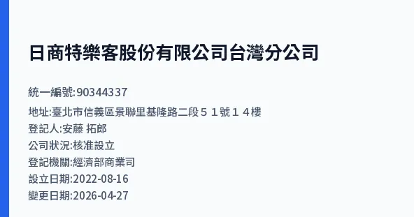 日商特樂客股份有限公司台灣分公司的照片-統編 90344337(臺北市) 公司登記資料與營業項目詳細圖表