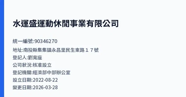 水運盛運動休閒事業有限公司的照片-統編 90346270(南投縣) 公司登記資料與營業項目詳細圖表