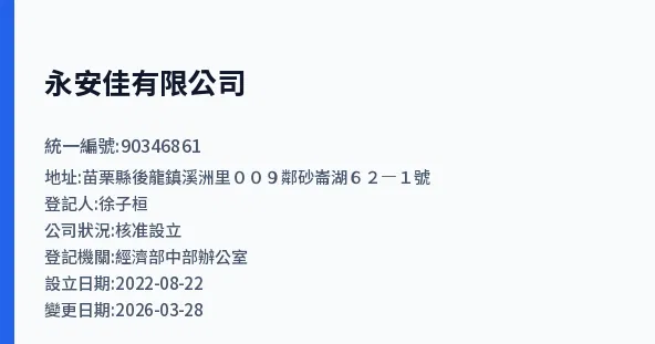 永安佳有限公司的照片-統編 90346861(苗栗縣) 公司登記資料與營業項目詳細圖表