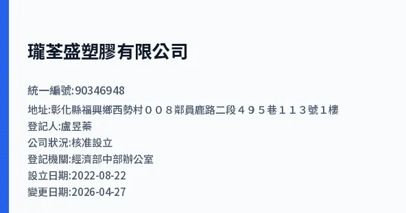 瓏荃盛塑膠有限公司的照片-統編 90346948(彰化縣) 公司登記資料與營業項目詳細圖表