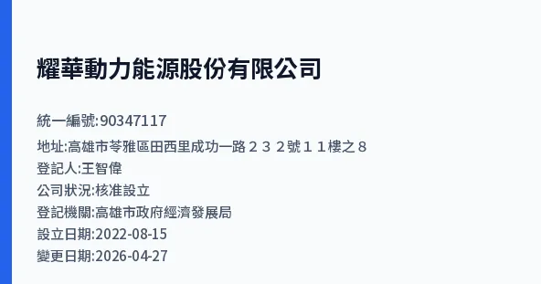 耀華動力能源股份有限公司的照片-統編 90347117(高雄市) 公司登記資料與營業項目詳細圖表