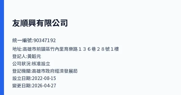 友順興有限公司的照片-統編 90347192(高雄市) 公司登記資料與營業項目詳細圖表