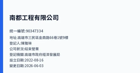 南都工程有限公司的照片-統編 90347334(高雄市) 公司登記資料與營業項目詳細圖表