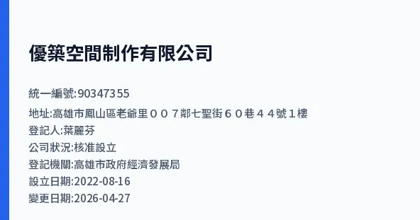 優築空間制作有限公司的照片-統編 90347355(高雄市) 公司登記資料與營業項目詳細圖表