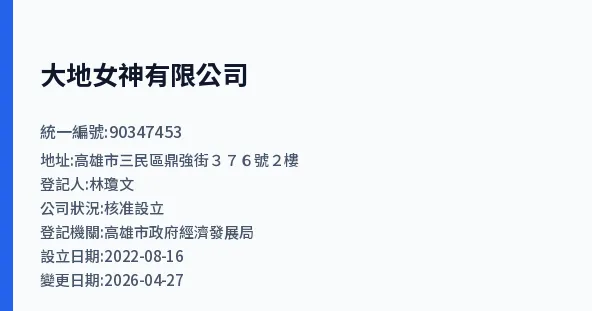 大地女神有限公司的照片-統編 90347453(高雄市) 公司登記資料與營業項目詳細圖表