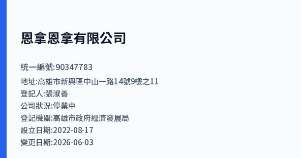 恩拿恩拿有限公司的照片-統編 90347783(高雄市) 公司登記資料與營業項目詳細圖表