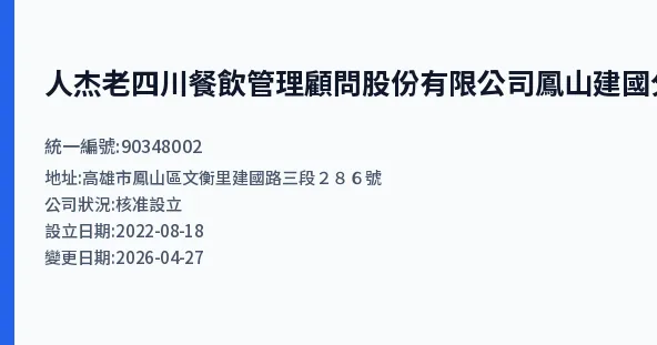 人杰老四川餐飲管理顧問股份有限公司鳳山建國分公司的照片-統編 90348002(高雄市) 公司登記資料與營業項目詳細圖表