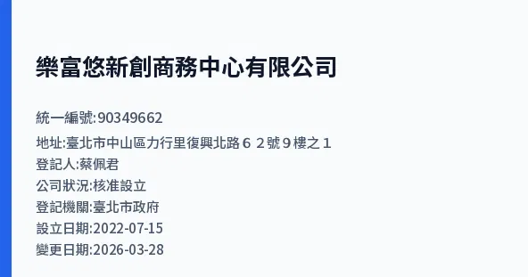 樂富悠新創商務中心有限公司的照片-統編 90349662(臺北市) 公司登記資料與營業項目詳細圖表