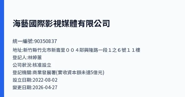 海藝國際影視媒體有限公司的照片-統編 90350837(新竹縣) 公司登記資料與營業項目詳細圖表