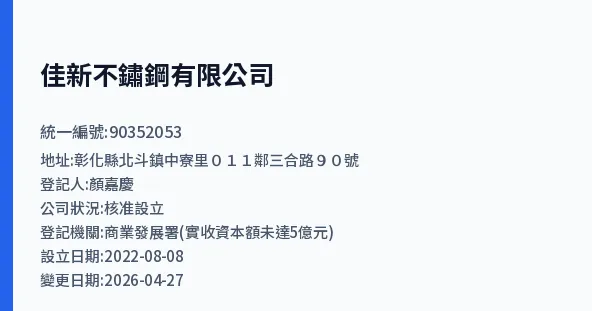 佳新不鏽鋼有限公司的照片-統編 90352053(彰化縣) 公司登記資料與營業項目詳細圖表