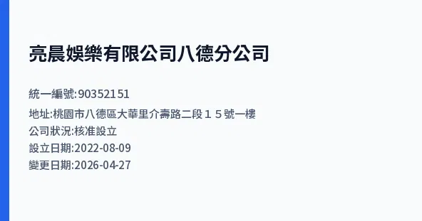亮晨娛樂有限公司八德分公司的照片-統編 90352151(桃園市) 公司登記資料與營業項目詳細圖表