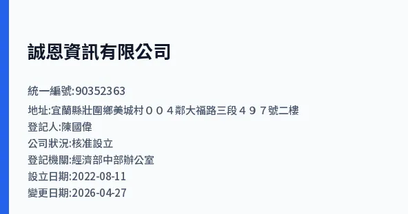 誠恩資訊有限公司的照片-統編 90352363(宜蘭縣) 公司登記資料與營業項目詳細圖表