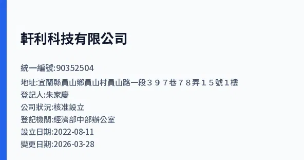 軒利科技有限公司的照片-統編 90352504(宜蘭縣) 公司登記資料與營業項目詳細圖表
