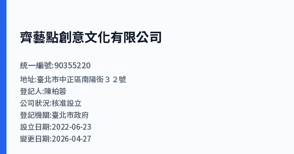 齊藝點創意文化有限公司的照片-統編 90355220(臺北市) 公司登記資料與營業項目詳細圖表