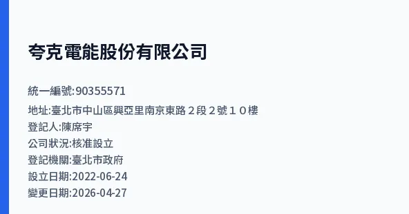 夸克電能股份有限公司的照片-統編 90355571(臺北市) 公司登記資料與營業項目詳細圖表