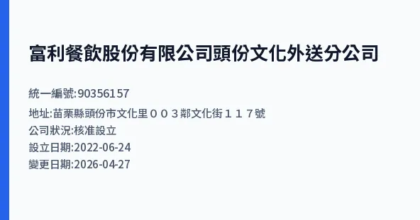 富利餐飲股份有限公司頭份文化外送分公司的照片-統編 90356157(苗栗縣) 公司登記資料與營業項目詳細圖表
