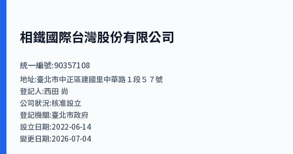 相鐵國際台灣股份有限公司的照片-統編 90357108(臺北市) 公司登記資料與營業項目詳細圖表