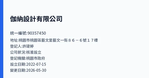 伽納設計有限公司的照片-統編 90357450(桃園市) 公司登記資料與營業項目詳細圖表